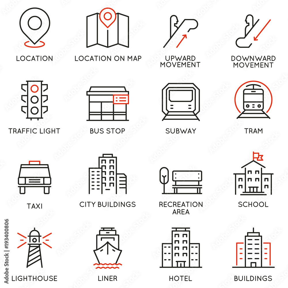 Vector set of thin linear 16 icons related to infrastructure, urban ...