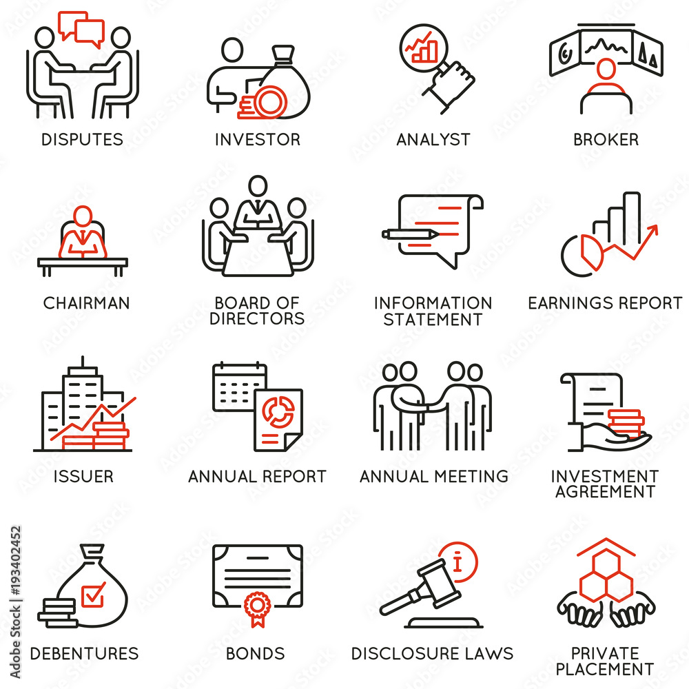 Vector set of linear icons related to business process, team work ...
