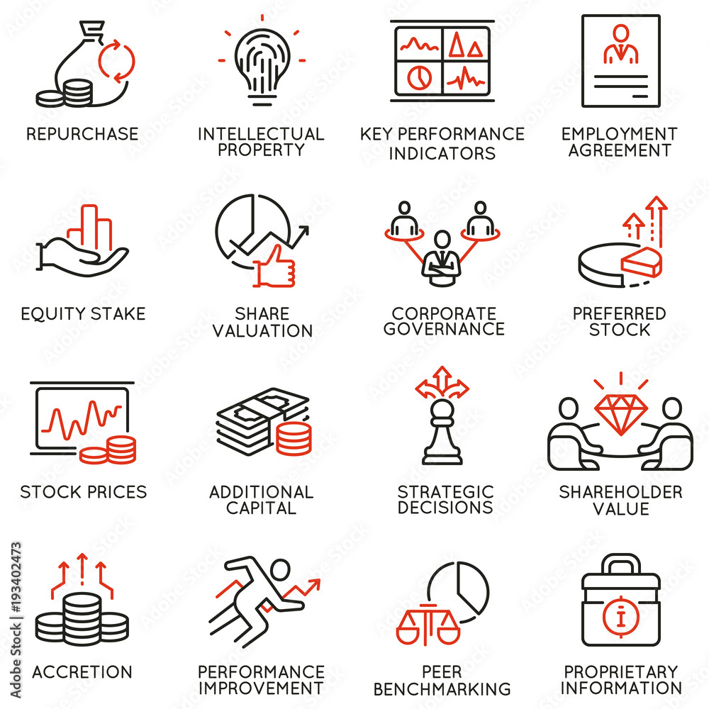 Vector set of linear icons related to business process, team work ...