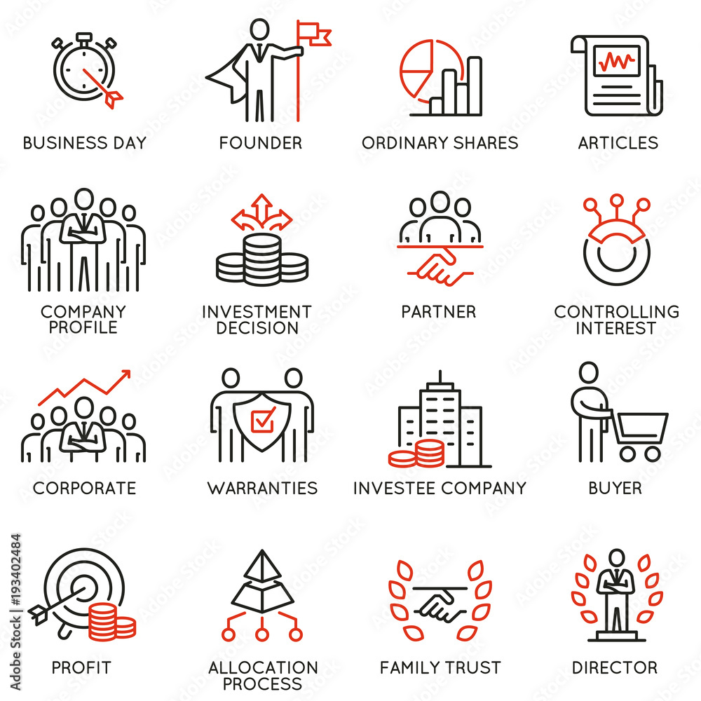 Vector set of linear icons related to business process, team work ...