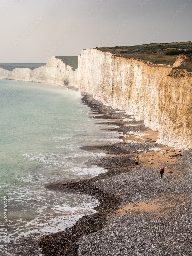 Seven Sisters chalk cliffs, Sussex, UK. A view of the coastline and ...