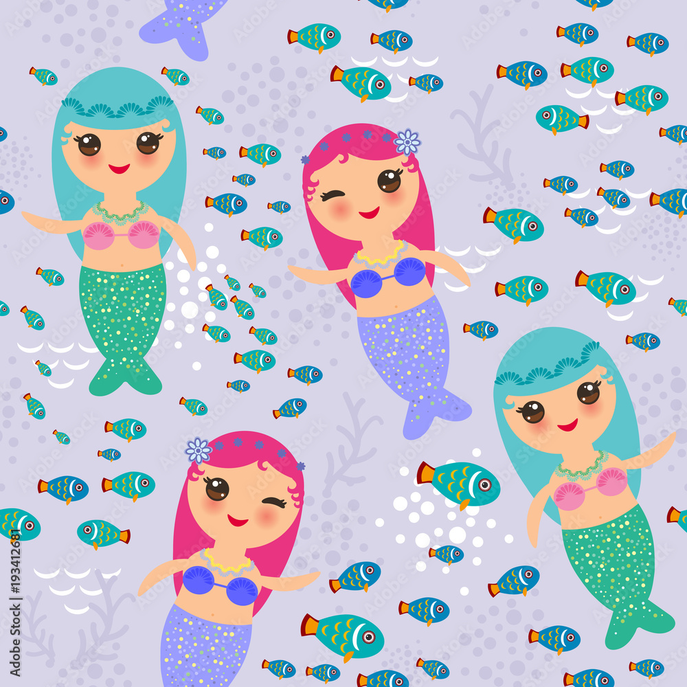 Mermaid with blue and pink hair cute kawaii girl coral fish seamless ...