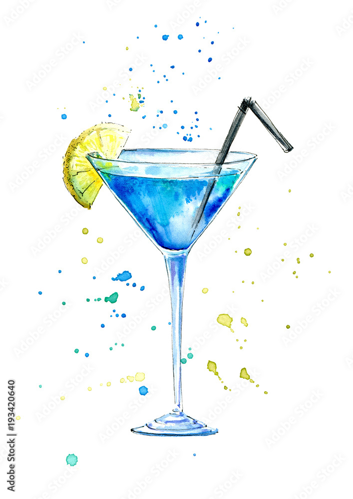 Glass of a Blue Lagoon cocktail and splash.Martini, liquor and vodka ...
