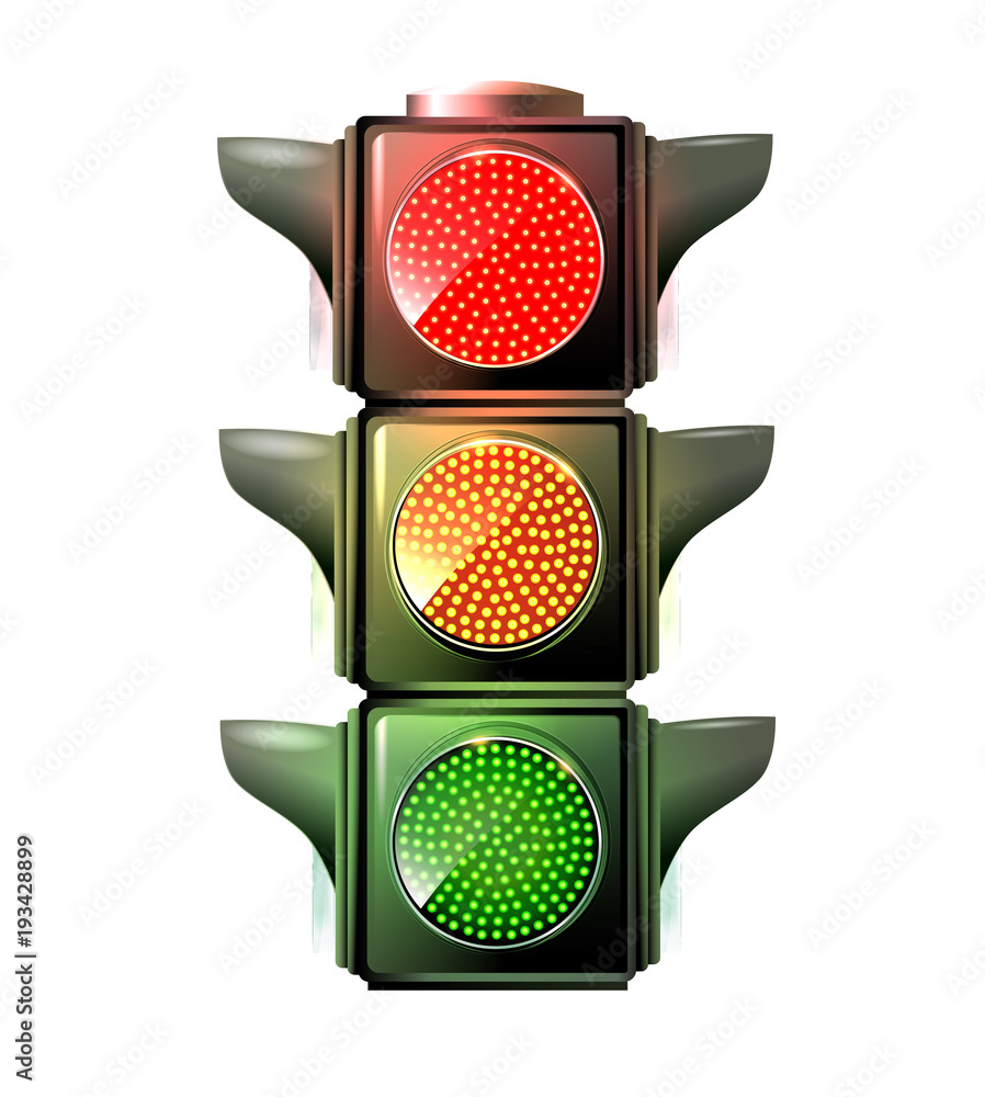 traffic lights with red, yellow and green lights on white background ...