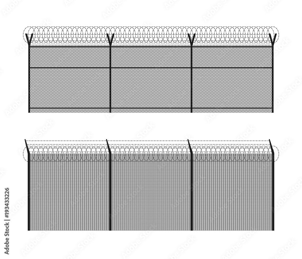 An illustration of modern prison chain-link fence silhouettes with ...