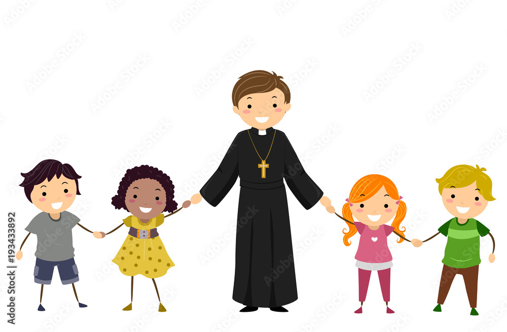 Man Priest Stickman Kids Hold Hands Illustration Stock Vector | Adobe Stock