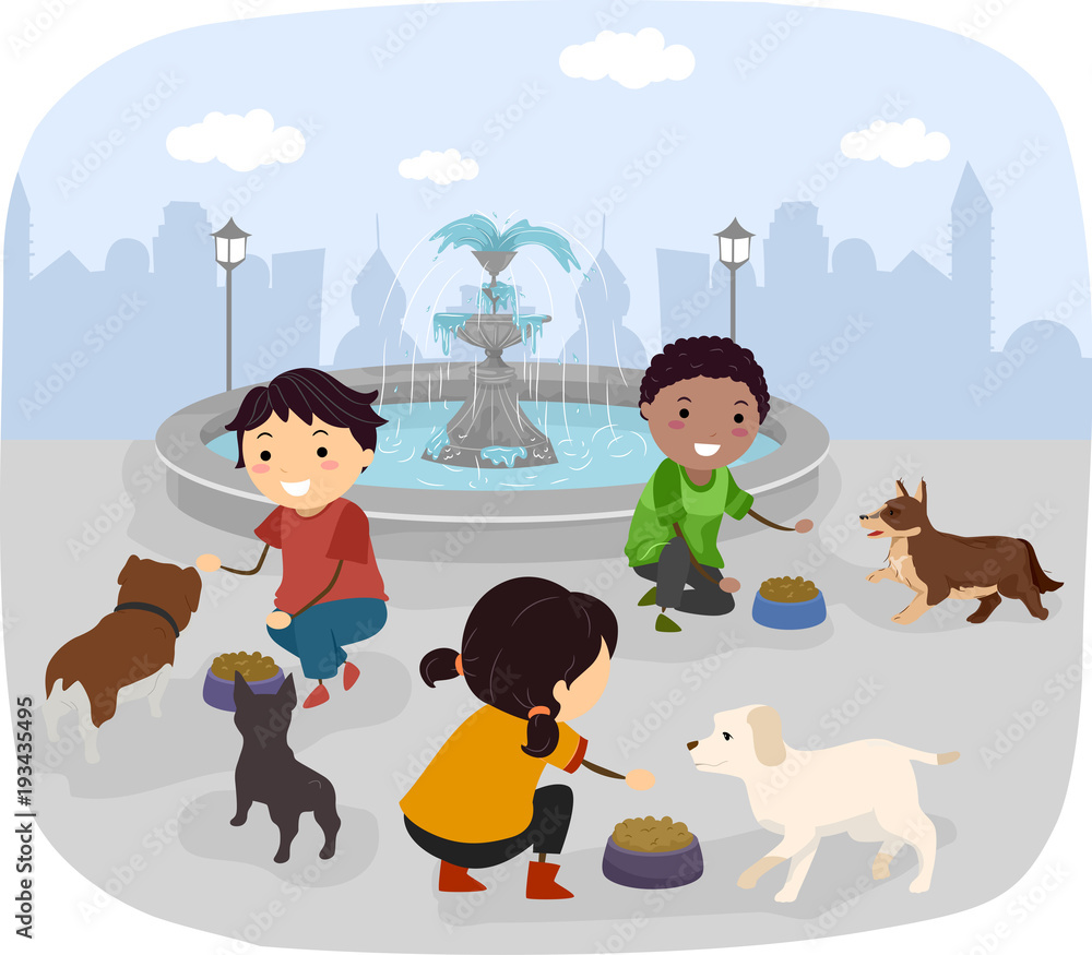 Stickman Kids Feed Stray Dogs Illustration Stock Vector | Adobe Stock