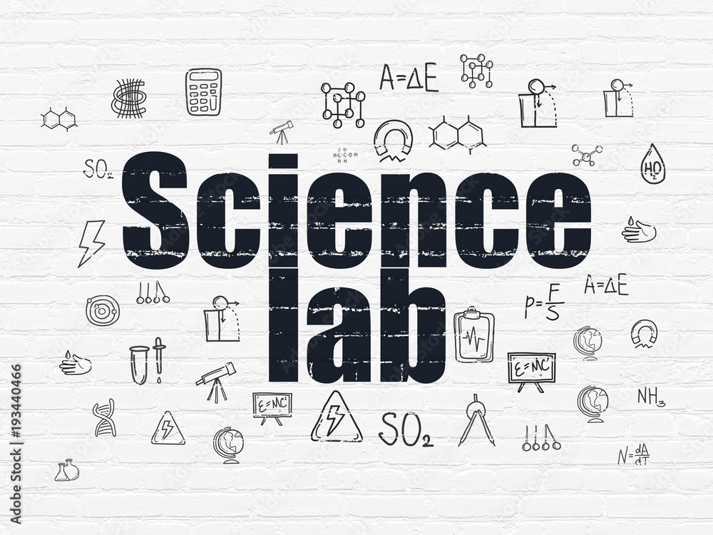Science concept: Painted black text Science Lab on White Brick wall ...