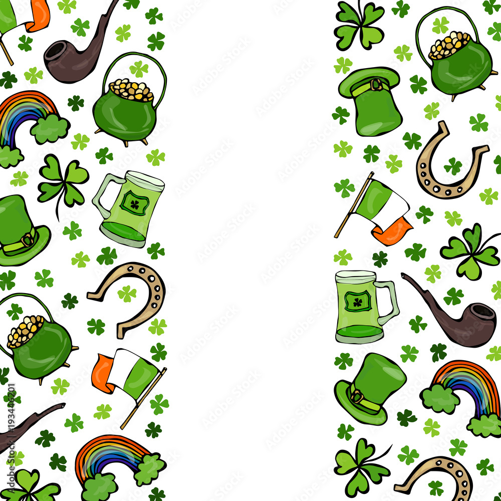 Irish St Patricks Day Symbols. Green Hat, Horseshoe, Pot of gold, Flag ...