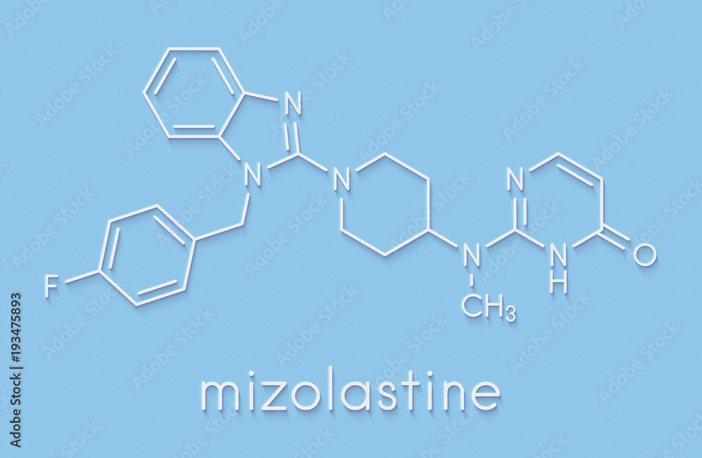 Mizolastine antihistamine drug molecule. Skeletal formula. Stock ...