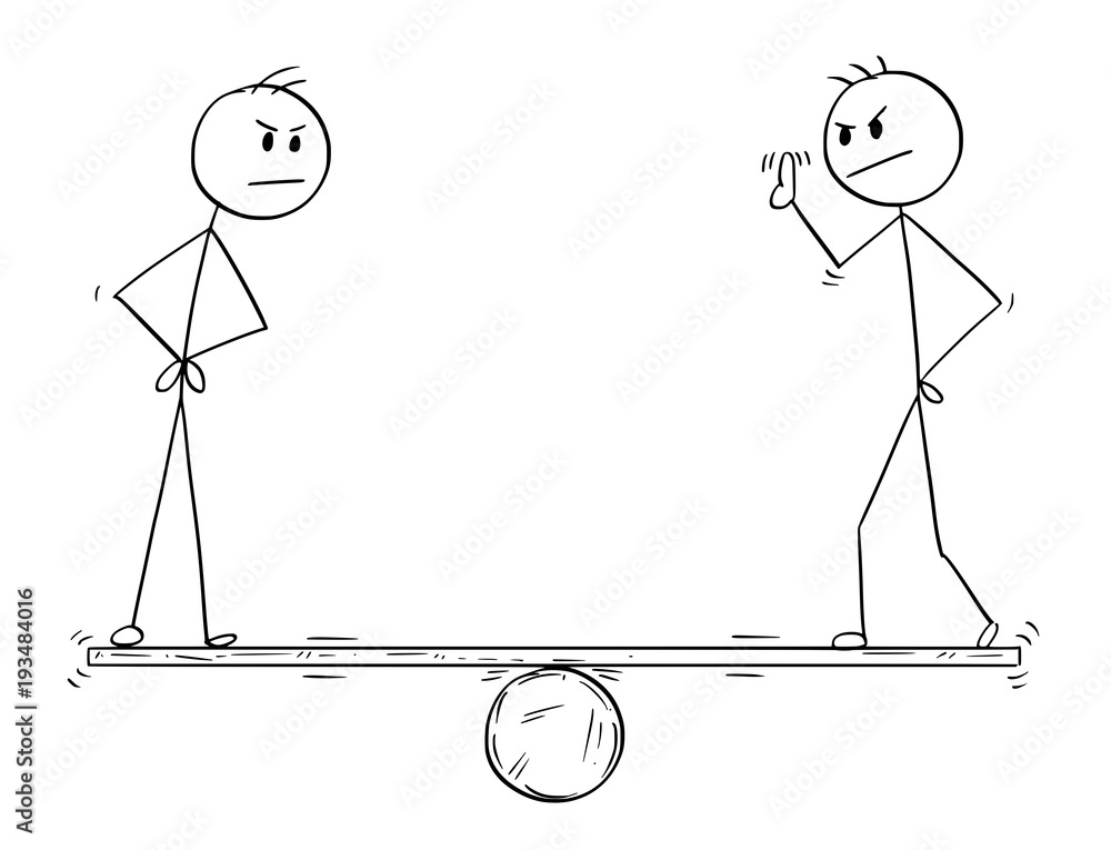 Cartoon stick man drawing conceptual illustration of two man, workers ...