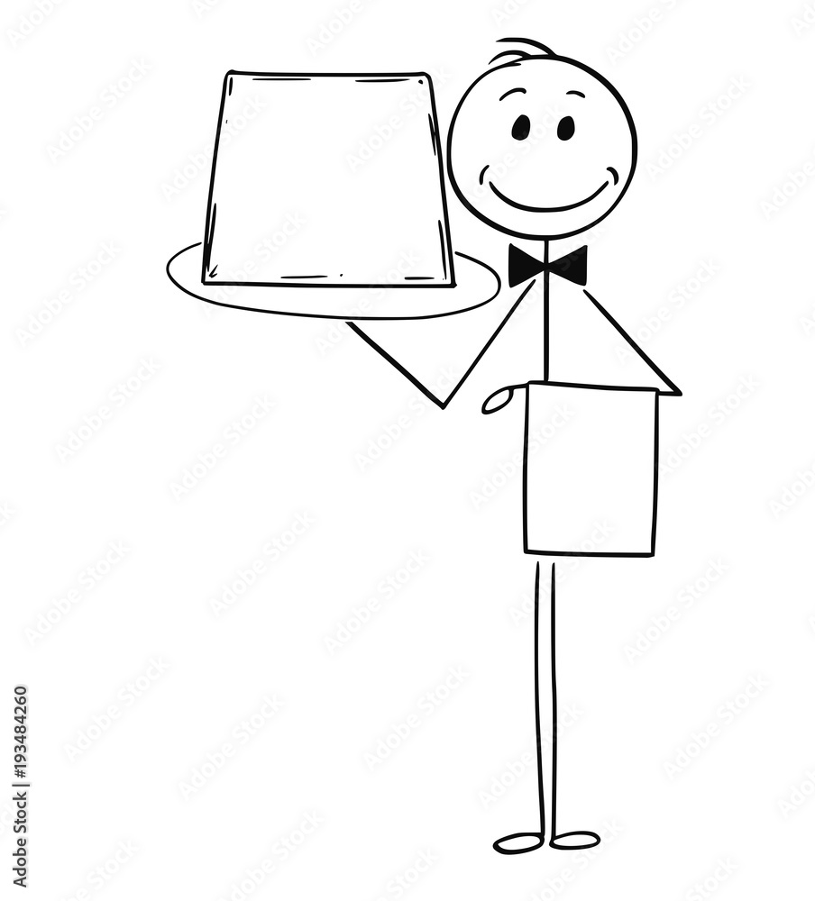 Cartoon stick man drawing conceptual illustration of waiter holding ...