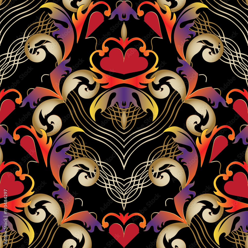 Baroque striped floral line art tracery seamless pattern. Vintage ...