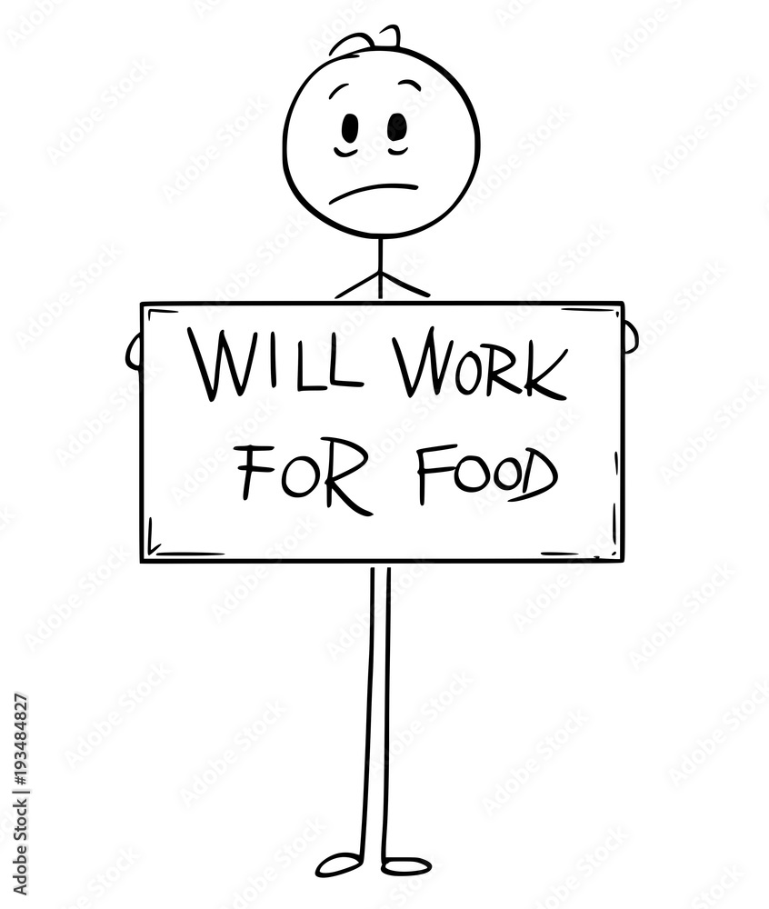 Cartoon stick man drawing conceptual illustration of sad hungry ...