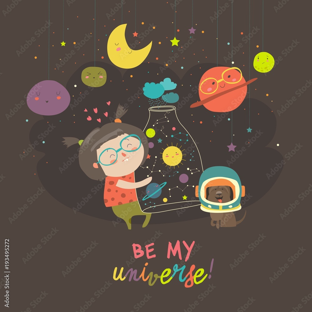 Cute girl with planets of the solar system Stock Vector | Adobe Stock