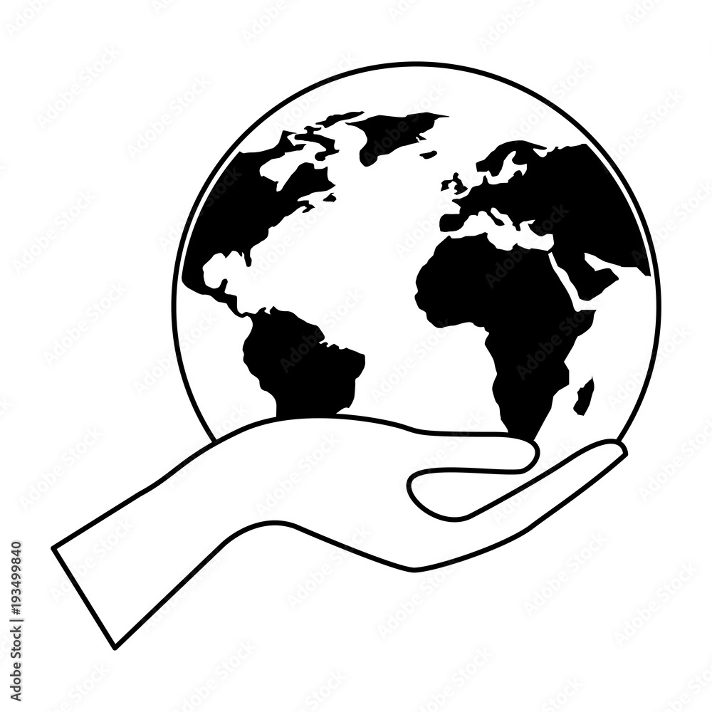 Human Hand Holding Earth Globe World Vector Illustration Outline