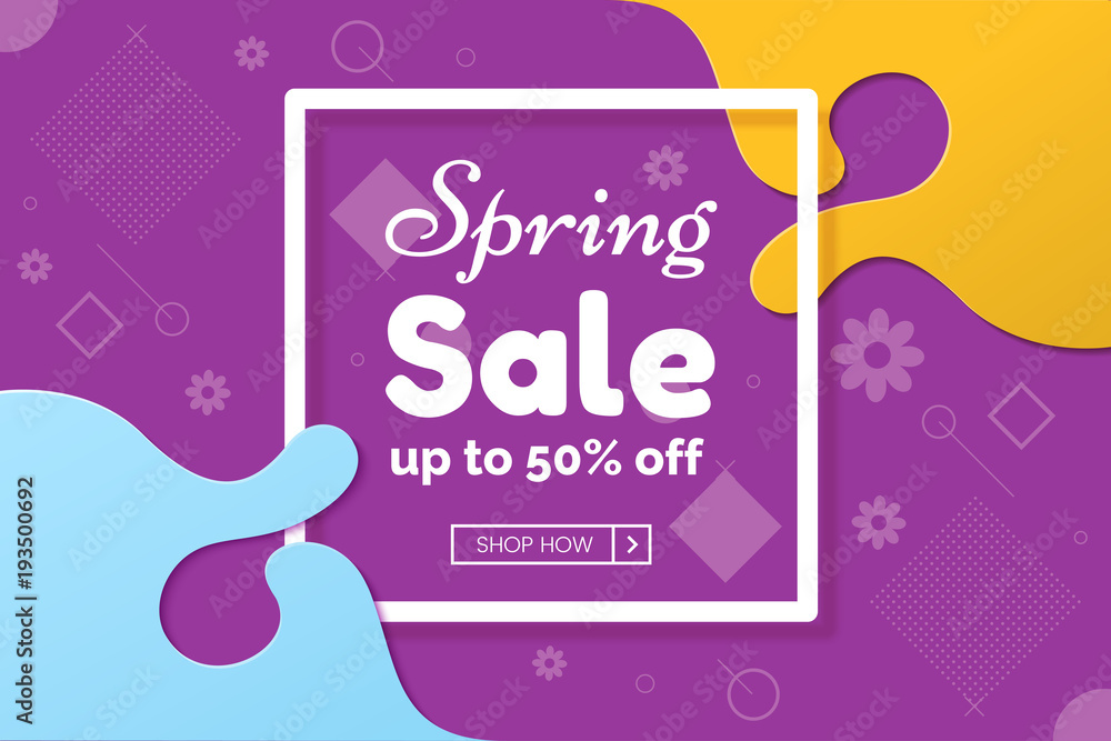 Spring sale colorful abstract promo banner with colored wavy splashes ...