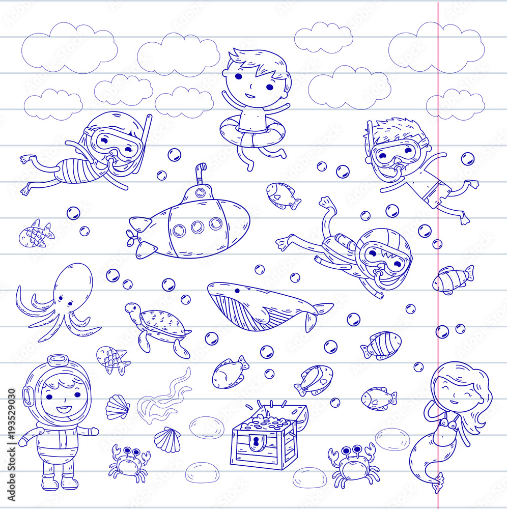 Underwater. Kids waterpark. Sea and ocean adventure. Summertime. Kids ...