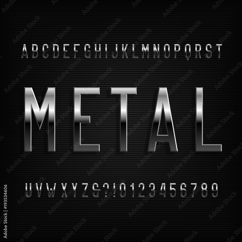 Metal effect alphabet font. Chrome narrow letters and numbers. Stock ...