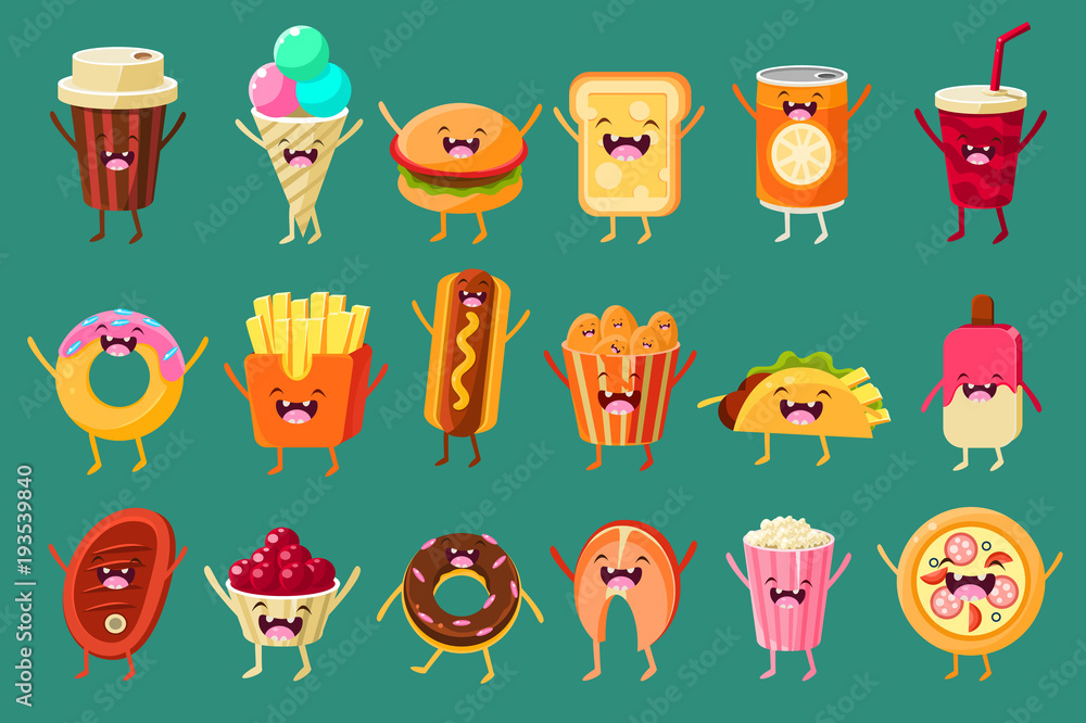 Funny fast food comic characters sett, ice cream, coffee, hot dog ...