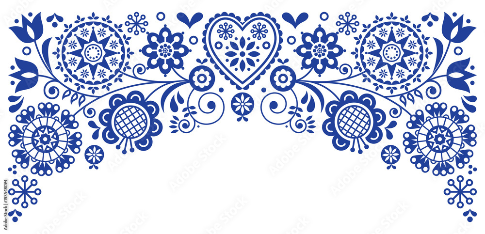 Folk art frame border retro vector greeting card design, floral ...