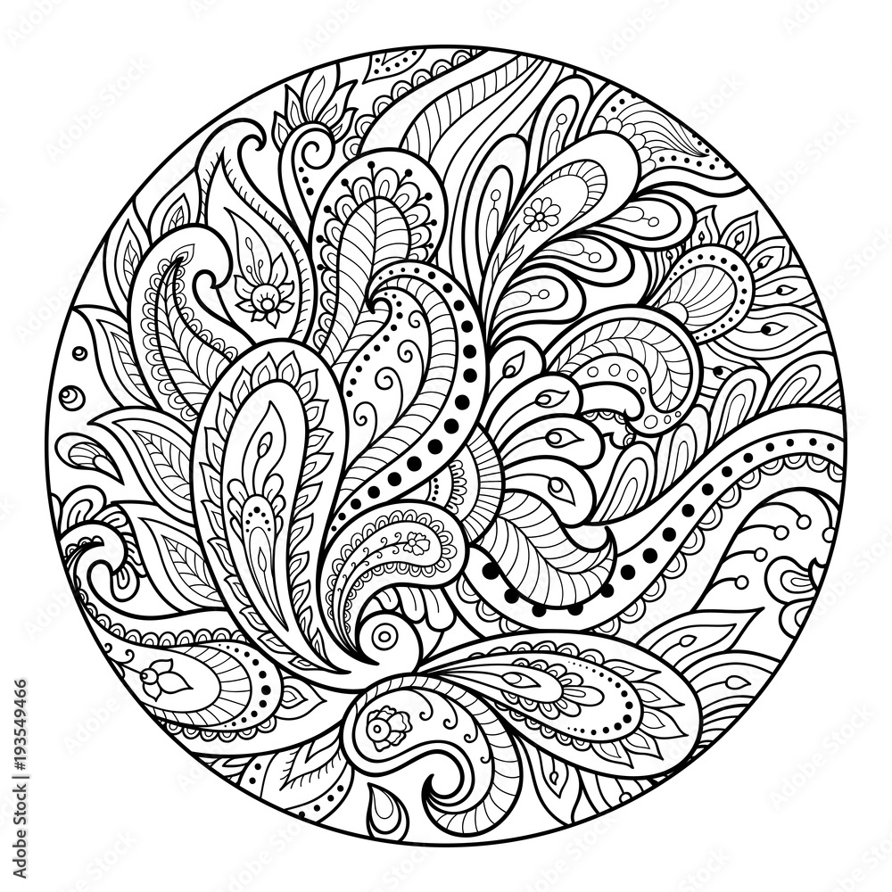 Outline round floral pattern for coloring the book page. Antistress ...