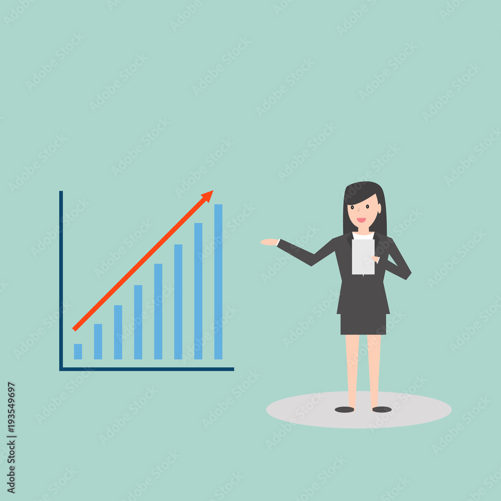 Business woman presenting bar chart report in flat style cartoon ...
