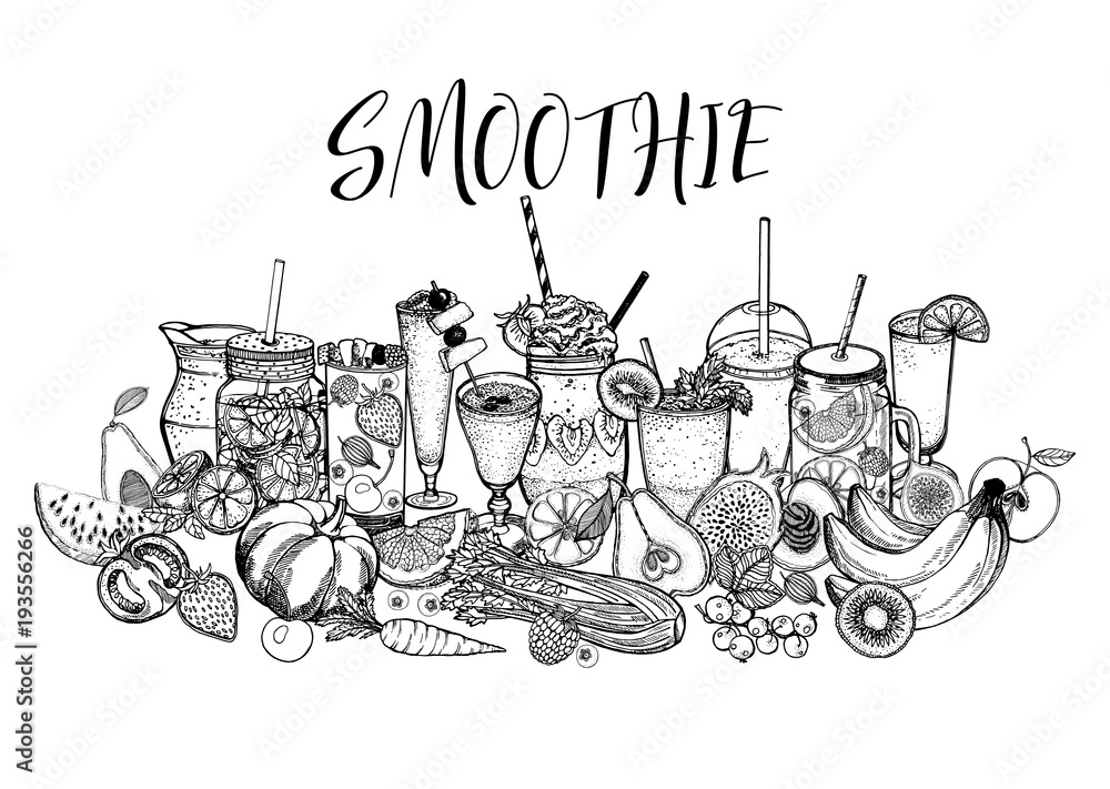 Set of hand drawn sketch style smoothie with fruits and vegetables ...