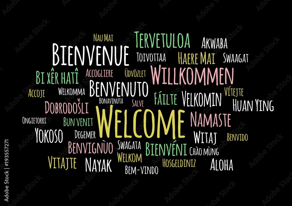 Welcome in different languages wordcloud vector on black background ...