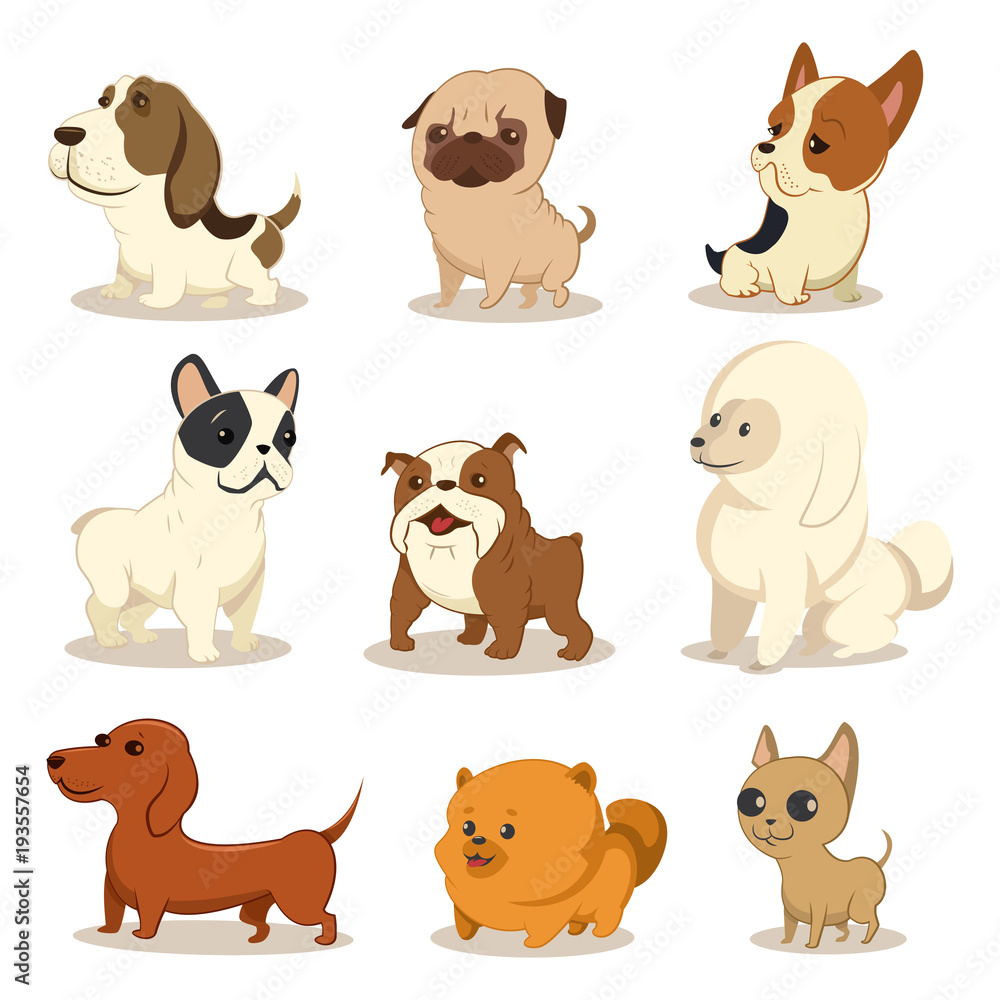 Cute cartoon dog vector set. Pets of different breeds. Funny little ...