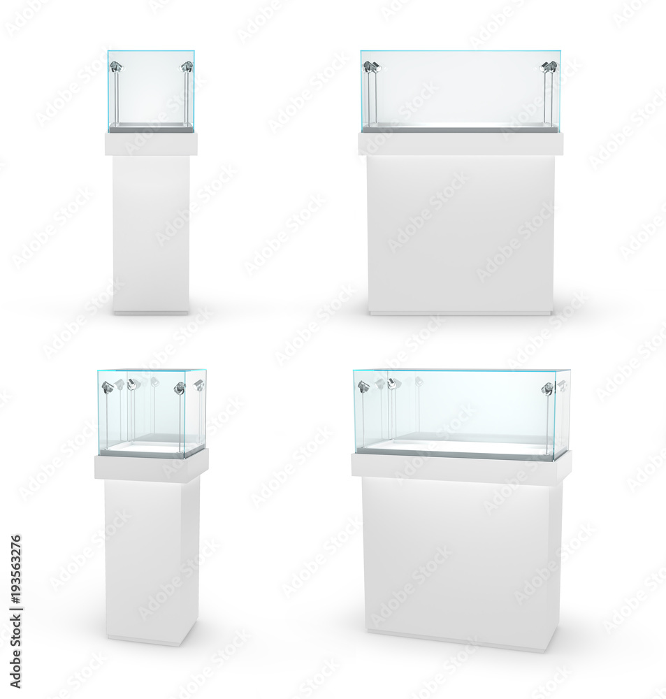 Set of empty glass showcases in cube form for presentation on white ...