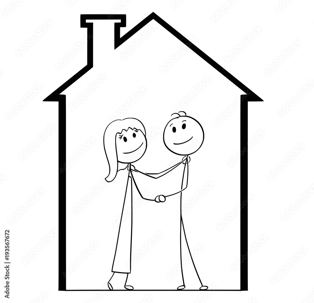 Cartoon stick man drawing conceptual illustration of young couple ...