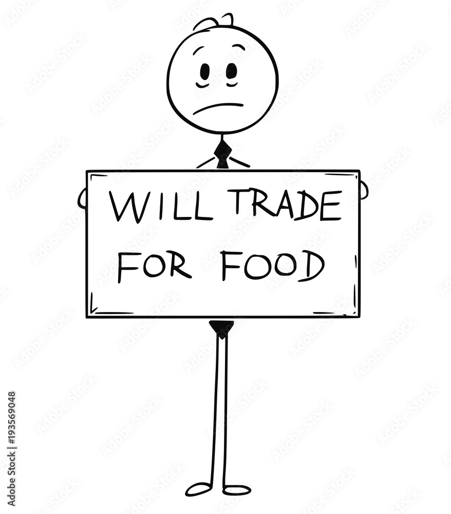 Cartoon stick man drawing conceptual illustration of sad hungry ...