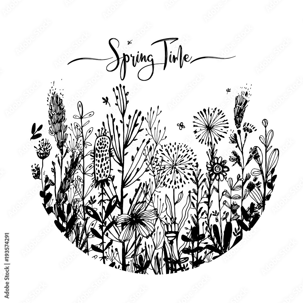 Spring time wording with hand drawn flowers in a circle, Set of black ...