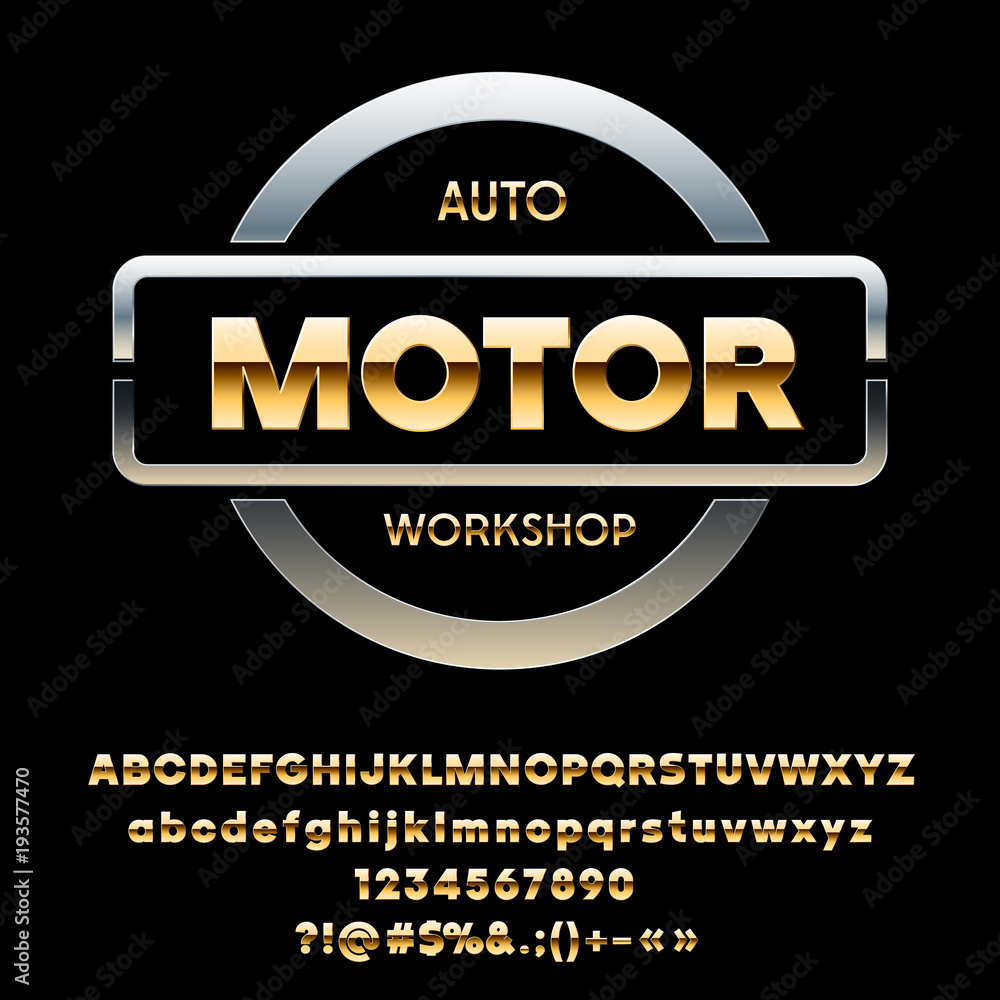 Vector silver emblem Auto Motor Workshop. Set of Golden Alphabet ...