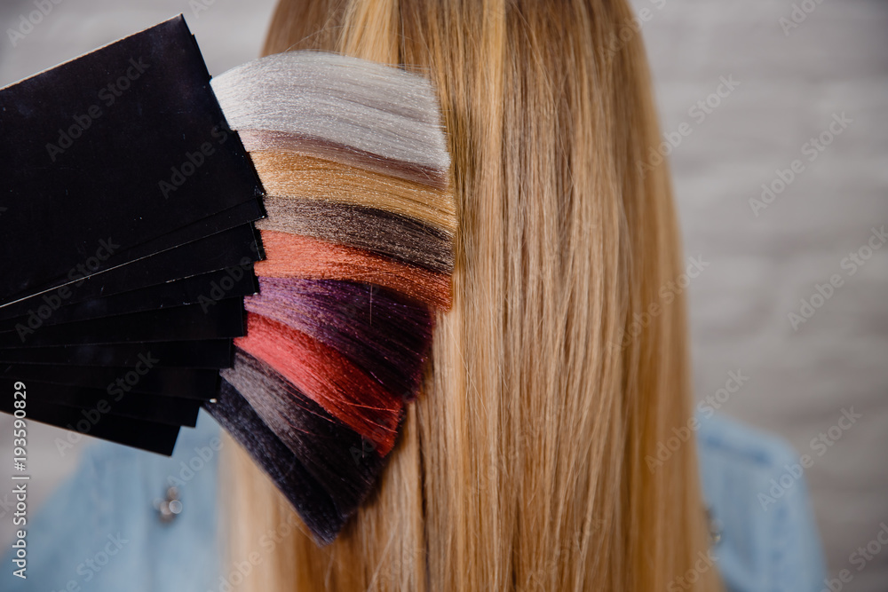 Palette set of hair colors on background of head and blonde hair ...