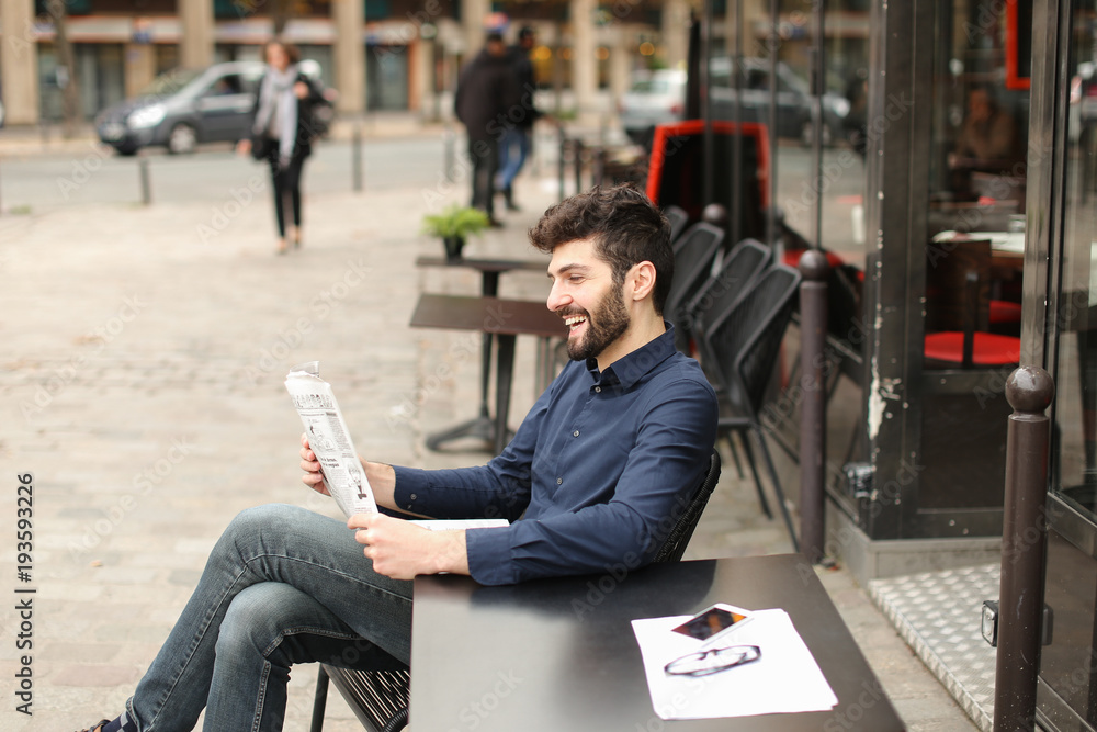 journalist enjoying with reading newspaper columns and articles with ...