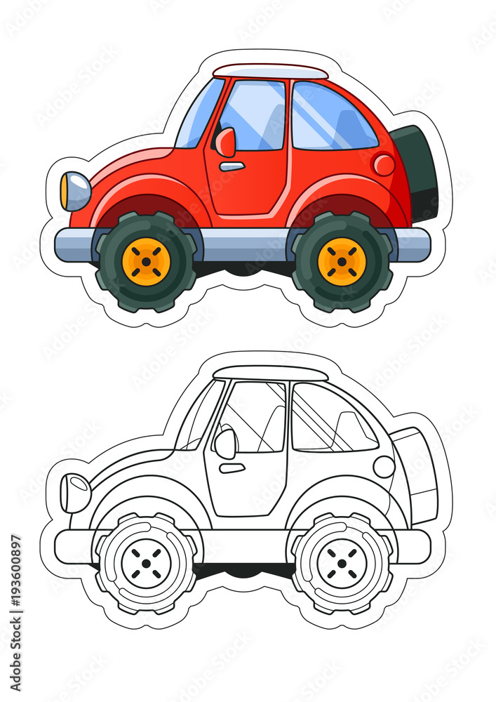 Red Cartoon Car Side View Coloring Book. Colored Version + Line Art ...
