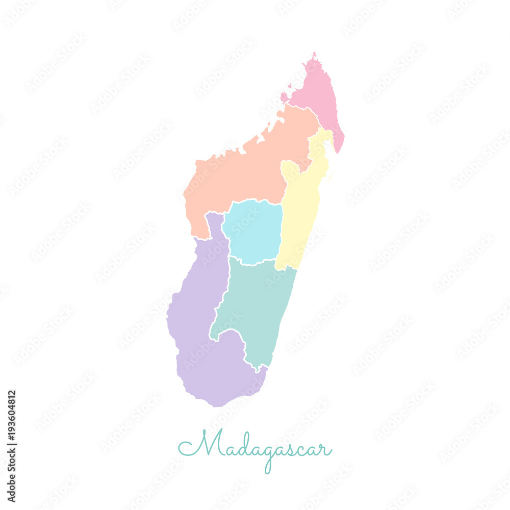 Madagascar region map: colorful with white outline. Detailed map of ...