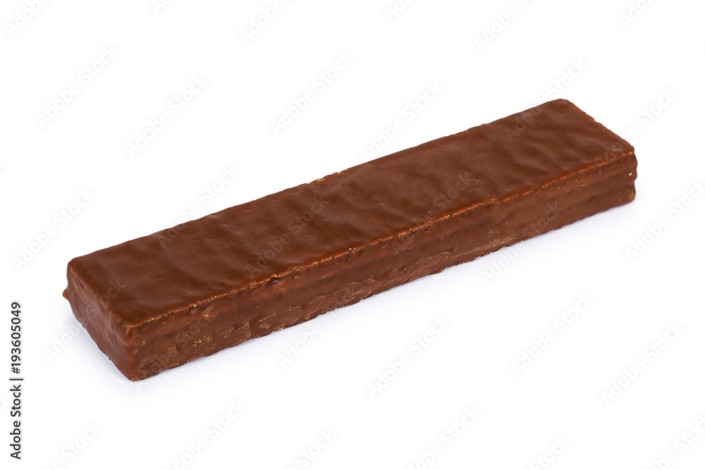Delicious chocolate bar with wafer in hand. Isolated on white ...