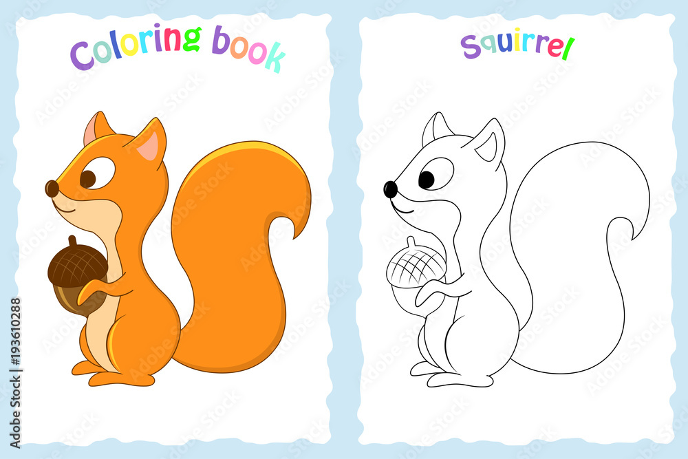 Coloring book page for preschool children with colorful squirrel Stock ...
