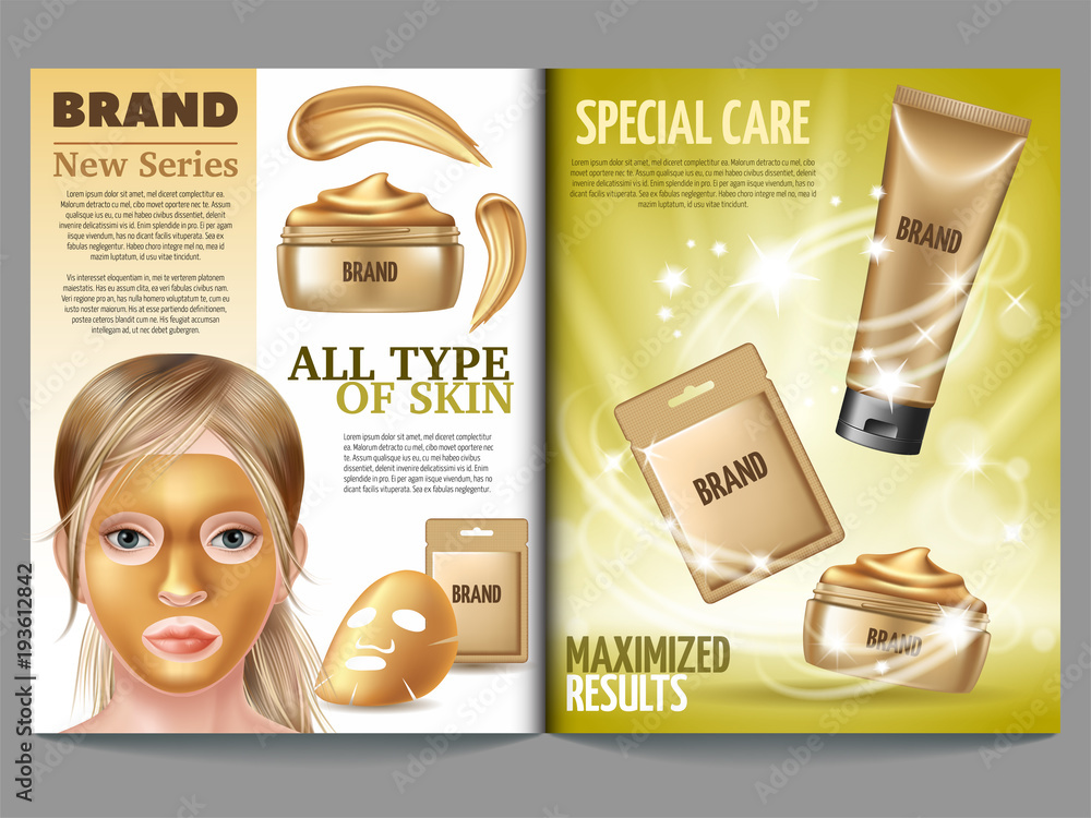 Cosmetic magazine template, golden mask and scrub with biogold ...
