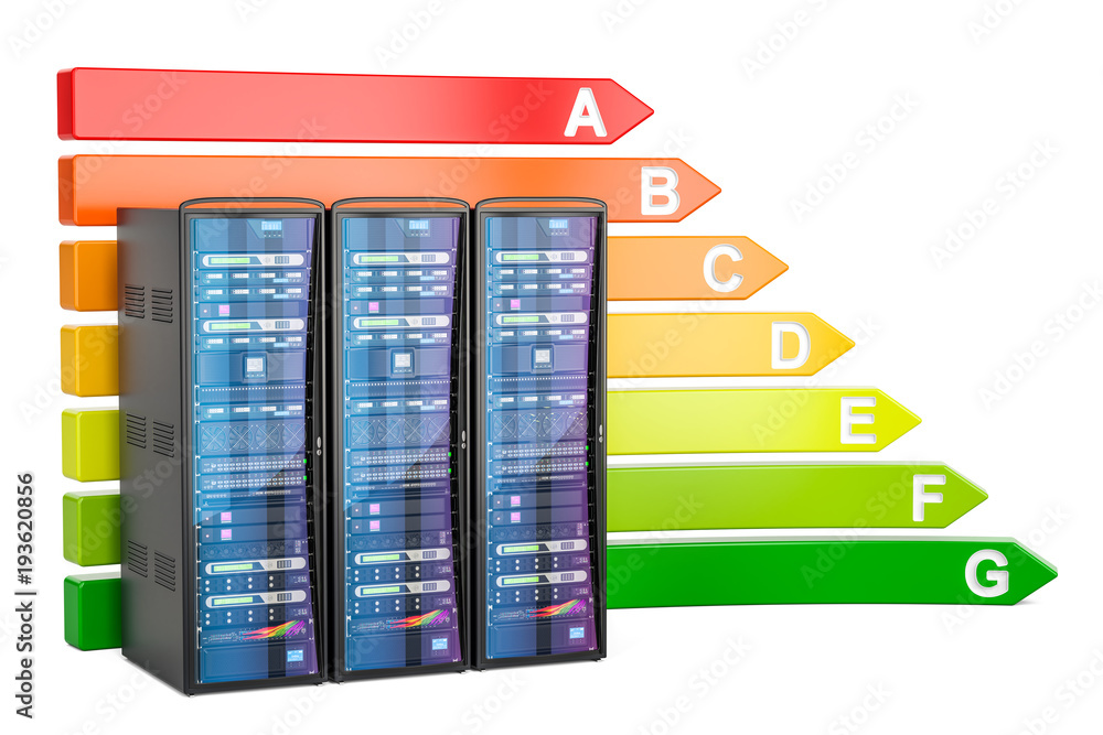 Energy efficiency chart with computer server racks, 3D rendering Stock ...
