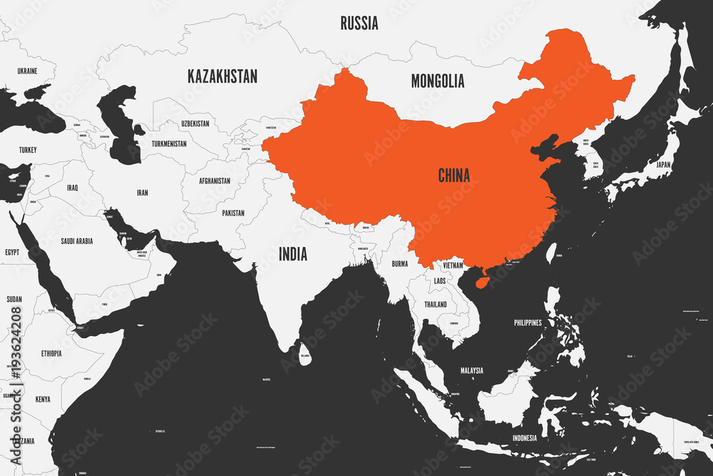 China orange marked in political map of Southern Asia. Vector ...