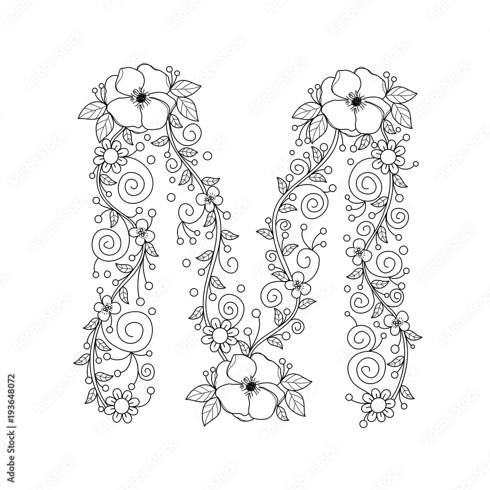 Floral alphabet letter M coloring book for adults. vector illustration ...