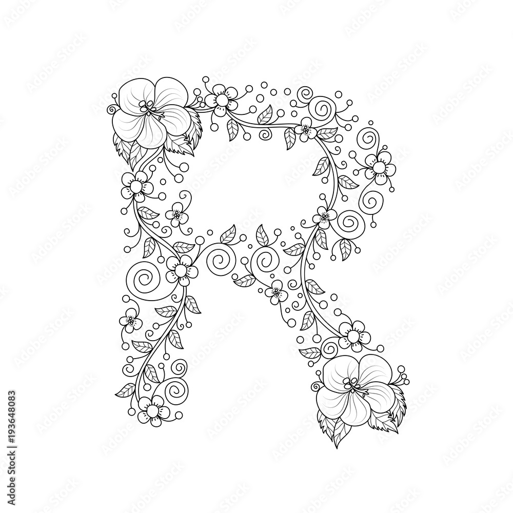 Floral alphabet letter R coloring book for adults. vector illustration ...