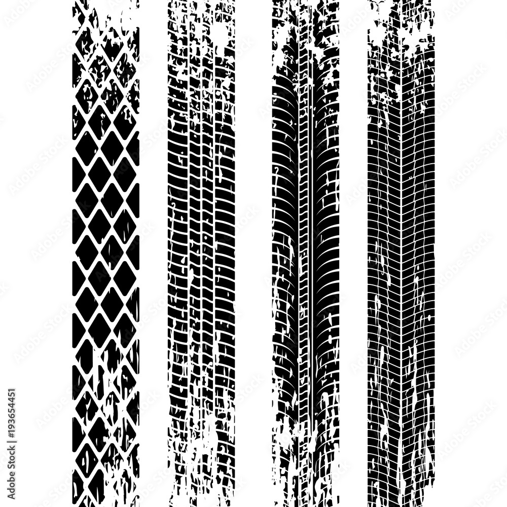 Set of tire track silhouette. Grunge tire track. Black tire track ...