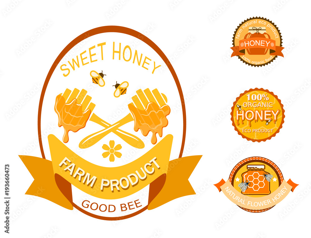 Set bee logo labels for honey products organic farm natural sweet ...