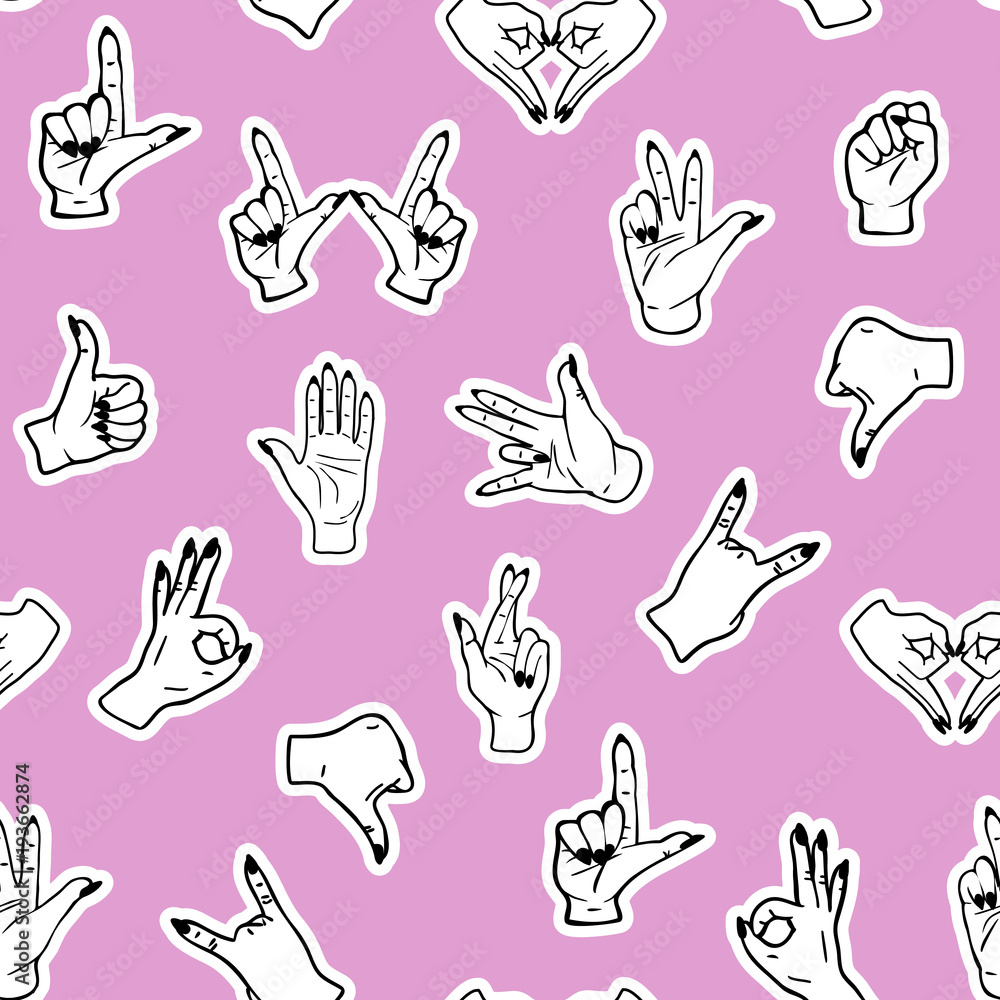 Pink Seamless Pattern With Hand Signs And Gestures Trendy Patches With Pink Seamless Pattern With Hand Signs And Gestures Trendy Patches With