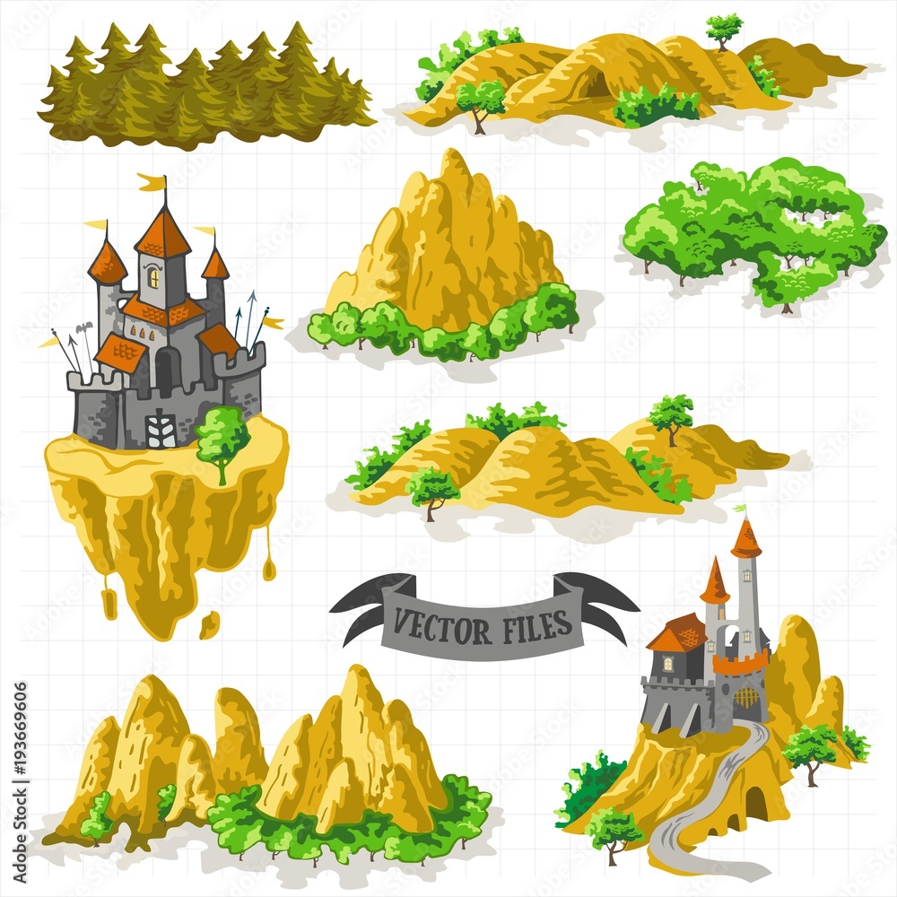 Fantasy Adventure map elements and colorful doodle hand draw in vector ...